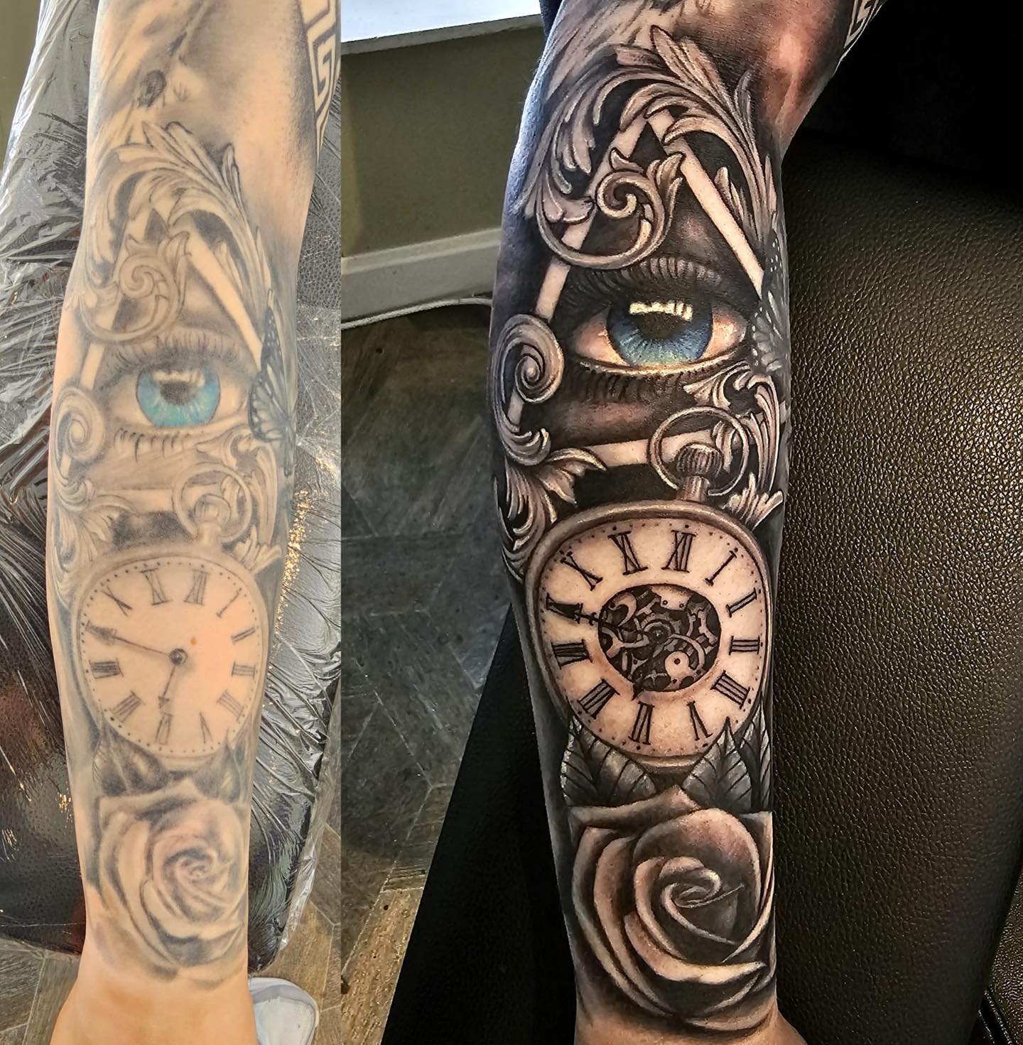 Rose Clock and Eye of Providence Forearm Color Rework Tattoo - TattoosAll